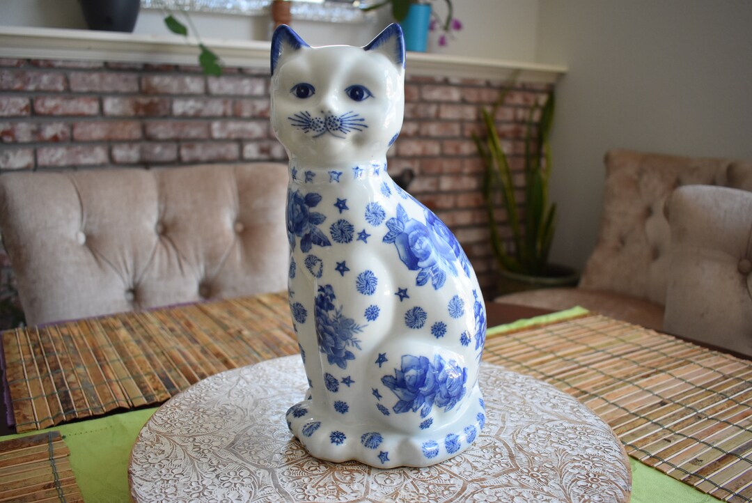 Vintage Delft Blue Style Ceramic Unbranded Cat/kitten Floral/flower ...