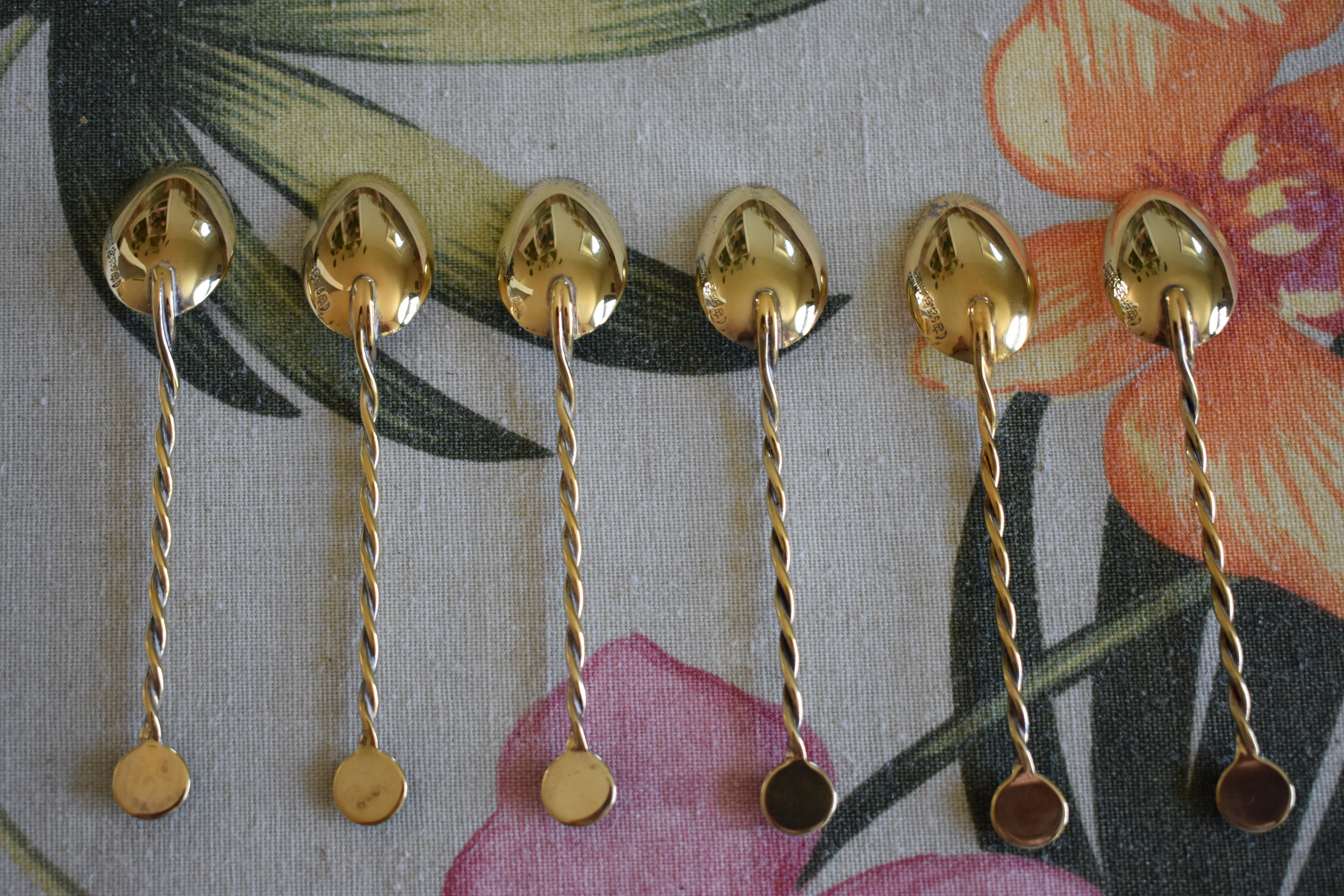 Set of 6 Vintage .925 Sterling Gold Plated Tea Spoons with Gem Stones ...