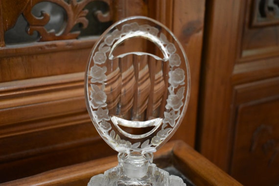 Vintage Clear Glass Etched Rose Design Perfume Bottle… - Gem