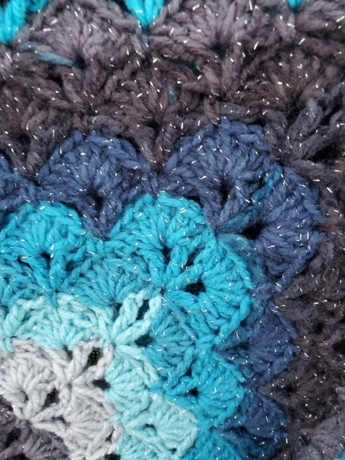 Deep Blue Teal Gray Sparkle Crochet Afghan Shell Stitch - Etsy