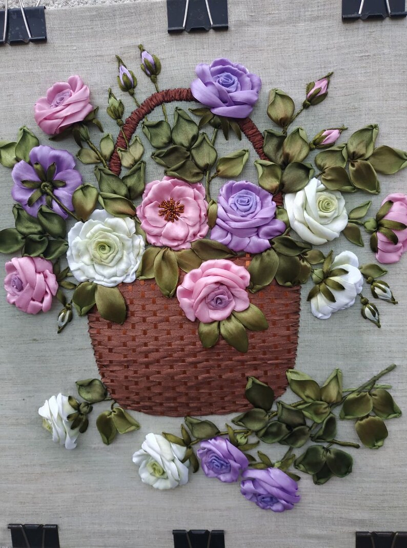 Embroidered Rose Basket, Ribbon Art, Floral Wall Decor - Etsy