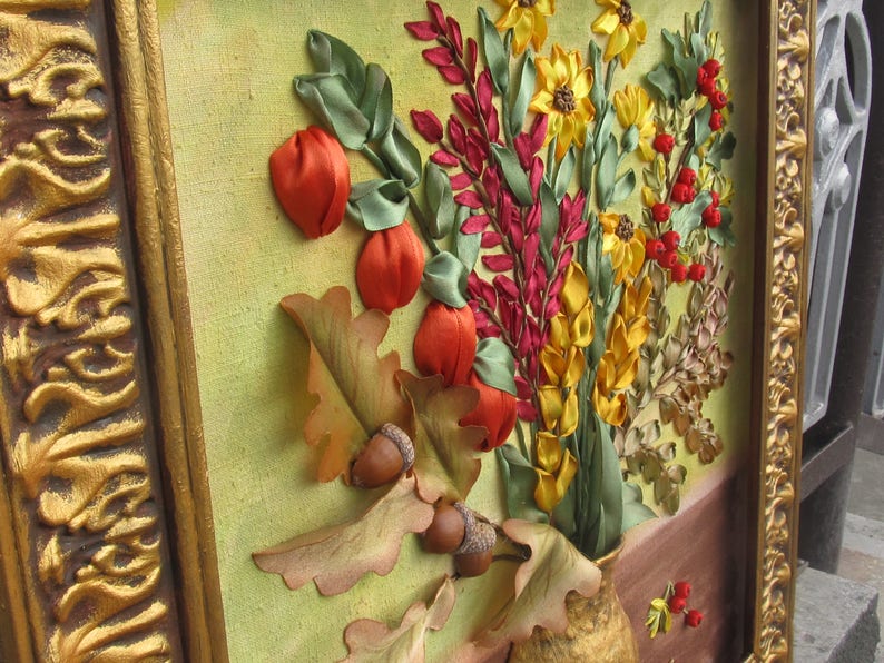 Ribbon Embroidery, Wall Art, Autumn Bouquet, Fall in the Vase ...