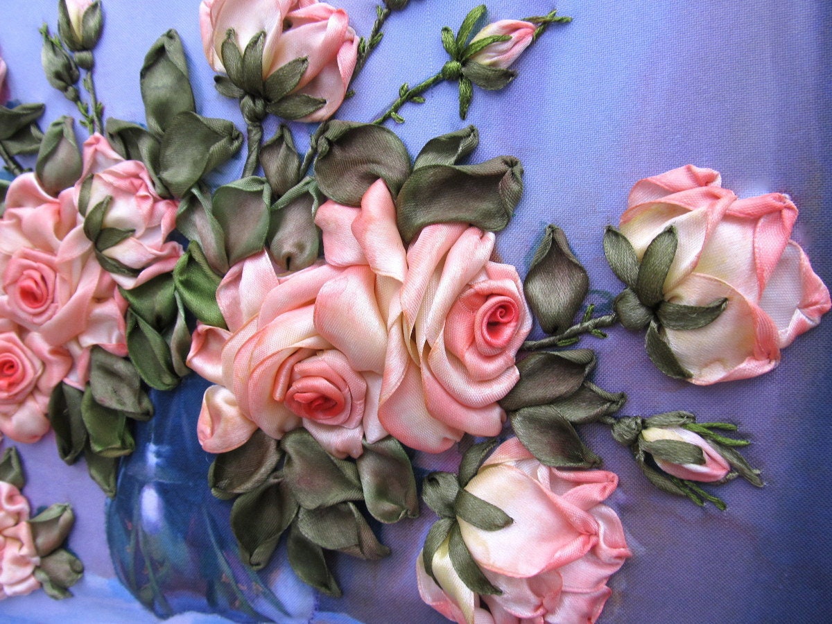 Peach Pink Embroidered Roses, Tea Roses in Vase, Ribbon Roses, Bouquet ...