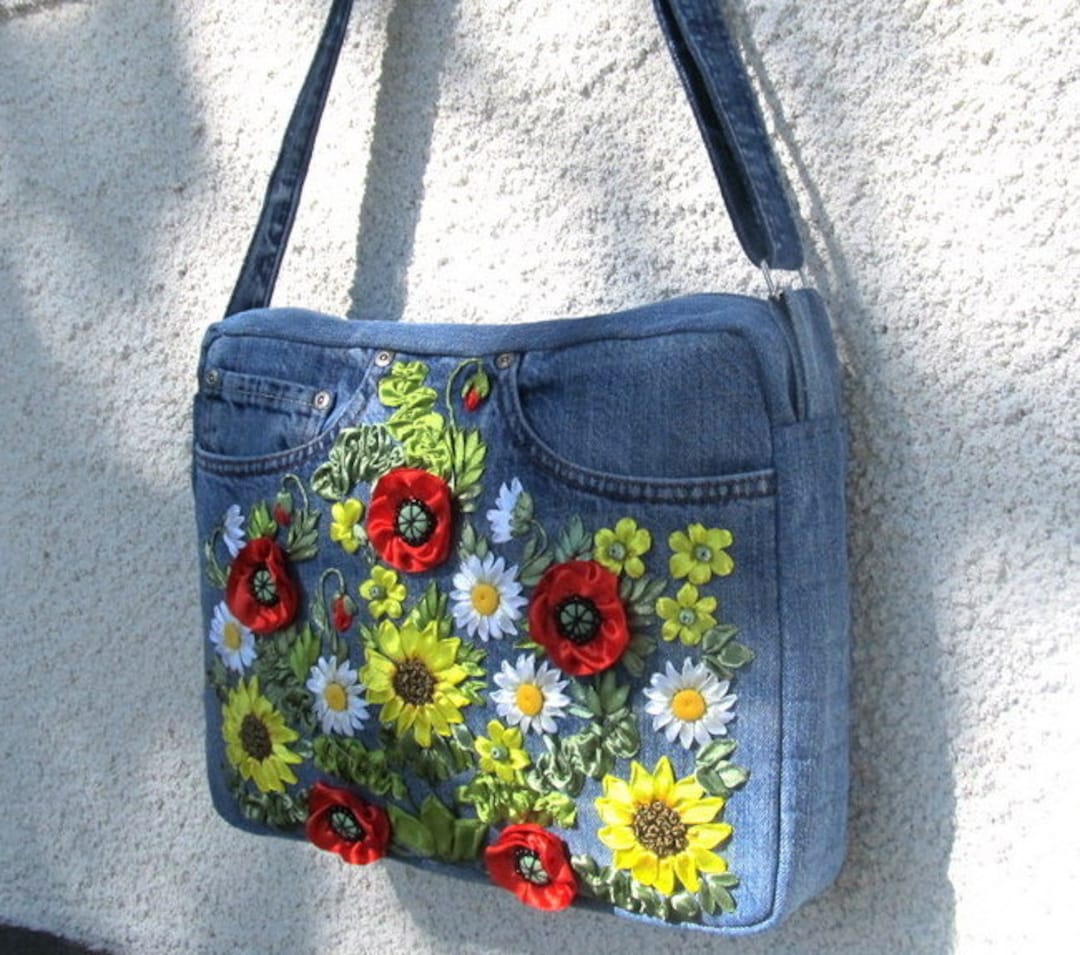 To Order. Denim Bag, Ribbon Embroidered Purse, Jeans Shoulder Bag ...