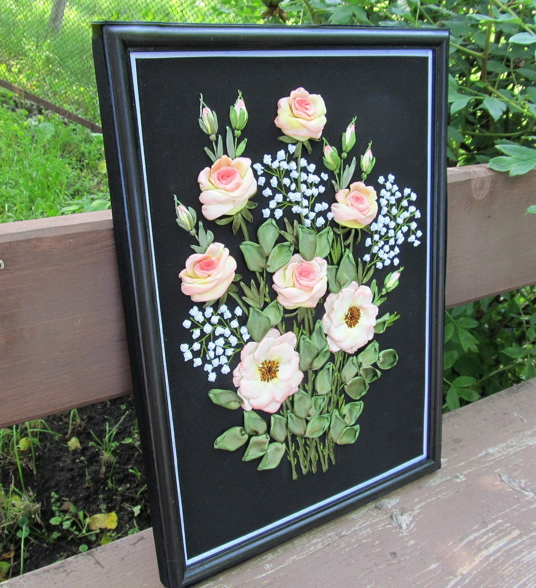 To Order. Silk Ribbon Embroidered Roses, Roses Wall Hanging, Bunch of ...