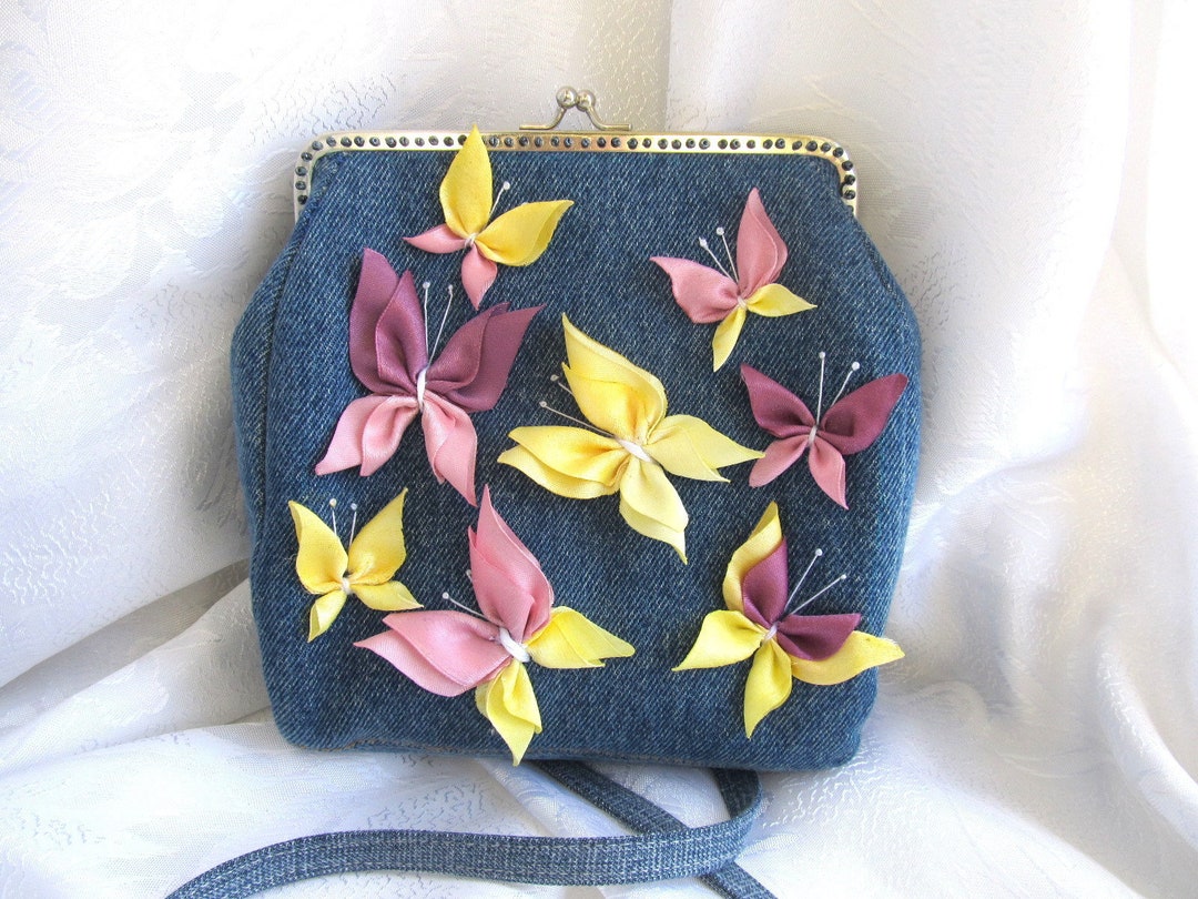 Butterflies Embroidered Bag, Kiss Lock Denim Purse, Embroidered Evening ...