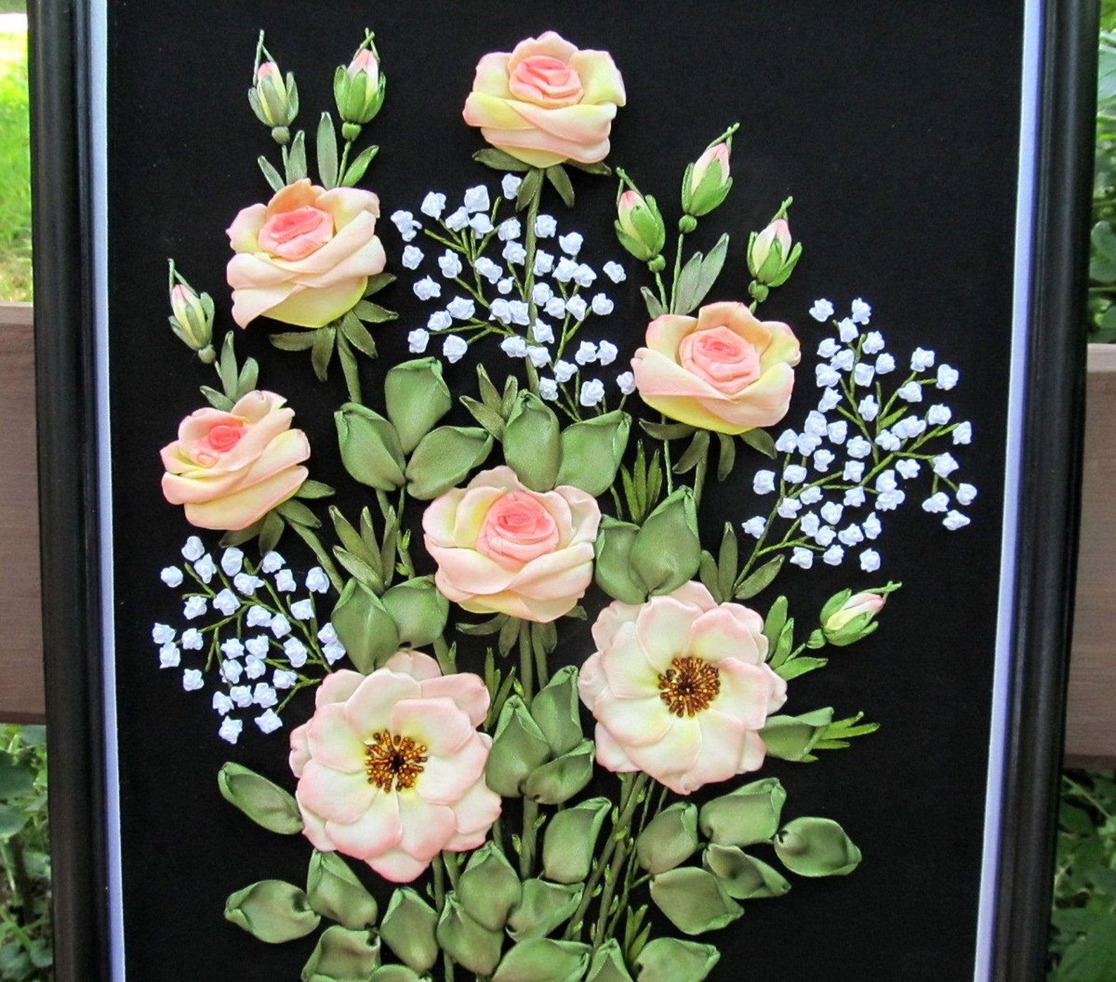 To Order. Silk Ribbon Embroidered Roses, Roses Wall Hanging, Bunch of ...