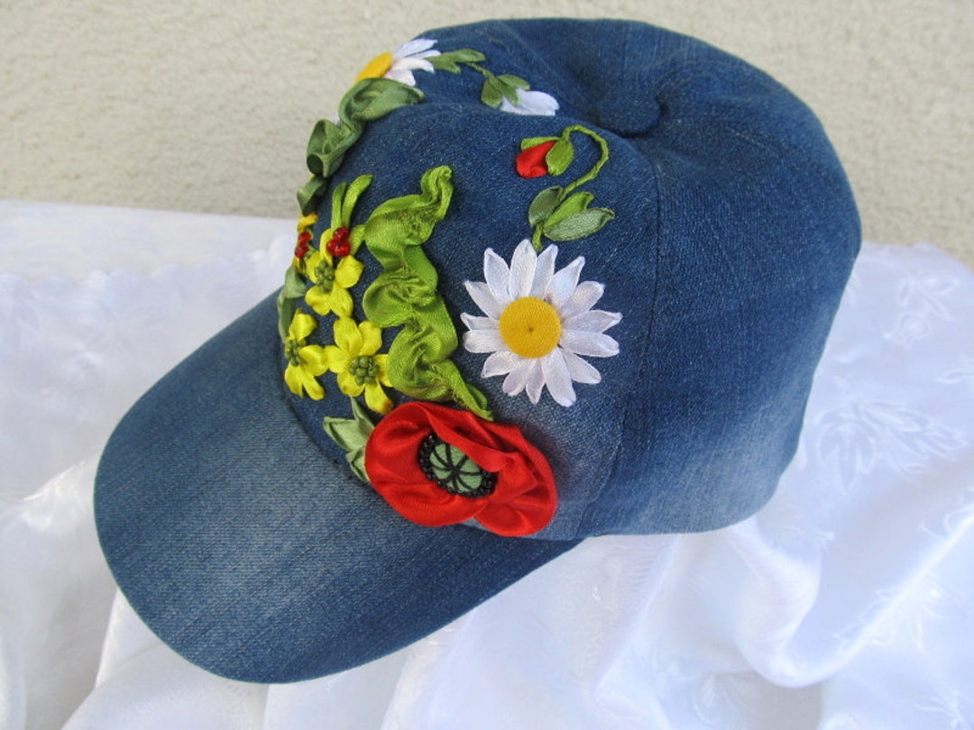 To Order. Embroidered Denim Baseball Cap, Upcycled Denim Cap, Ribbon ...