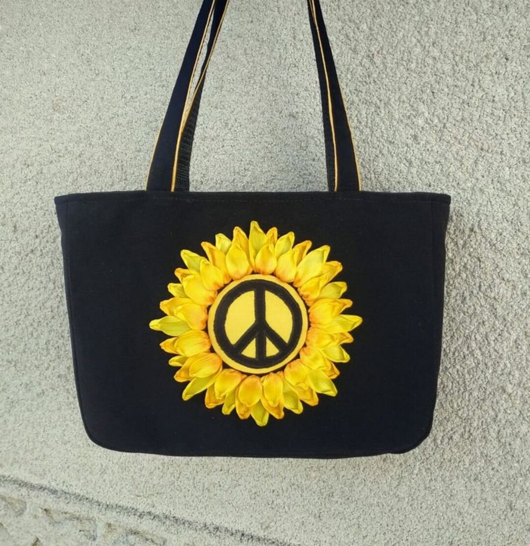 Embroidered Sunflower Peace Sign Tote Bag, Black Ribbon Art Handbag - Etsy