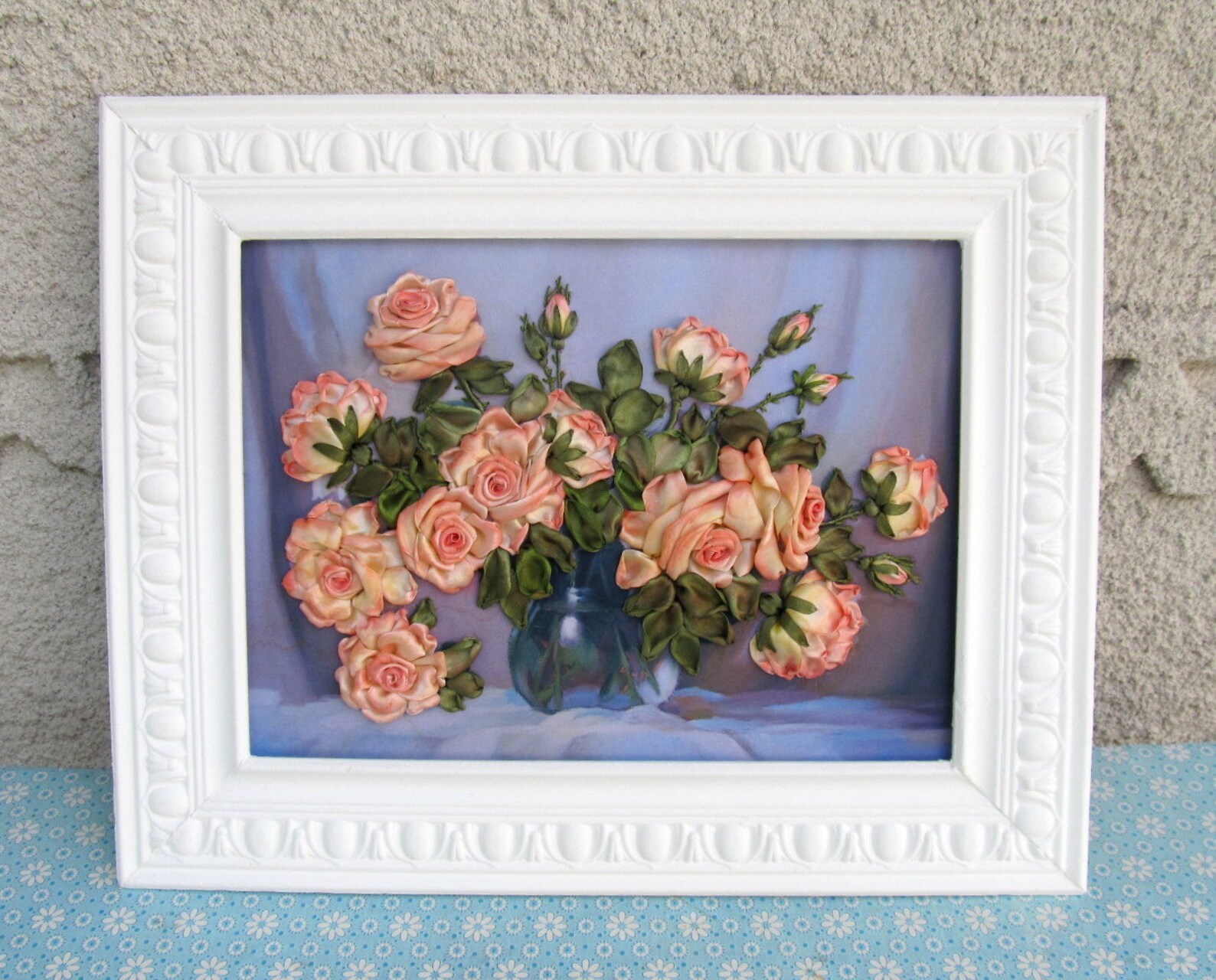 Peach Pink Embroidered Roses, Tea Roses in Vase, Ribbon Roses, Bouquet ...