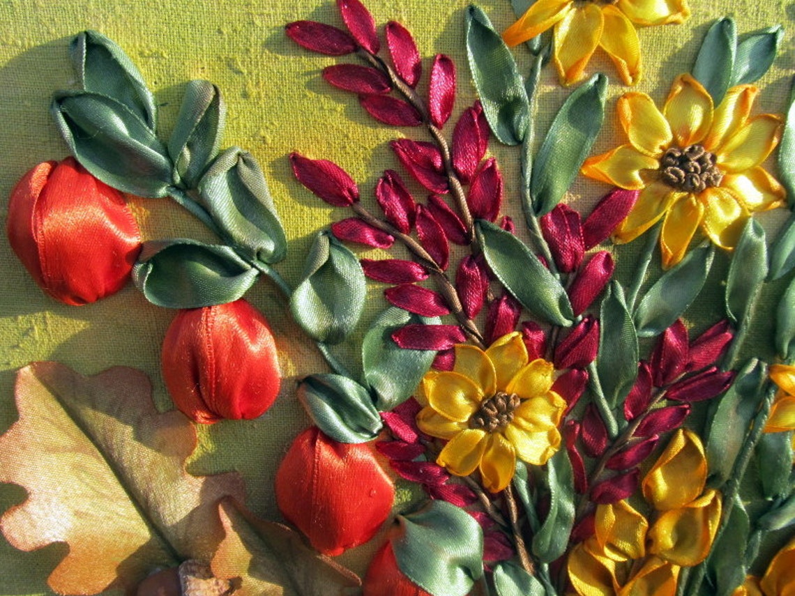 Ribbon Embroidery, Wall Art, Autumn Bouquet, Fall in the Vase ...