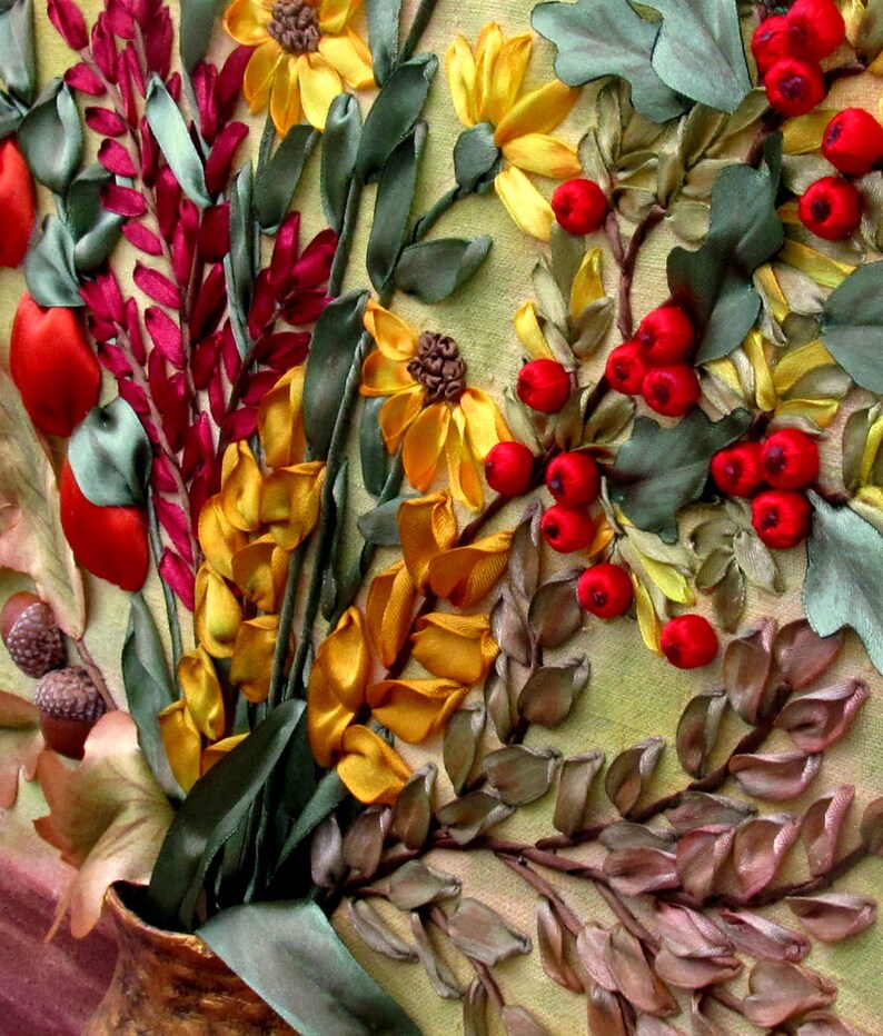 Ribbon Embroidery, Wall Art, Autumn Bouquet, Fall in the Vase ...