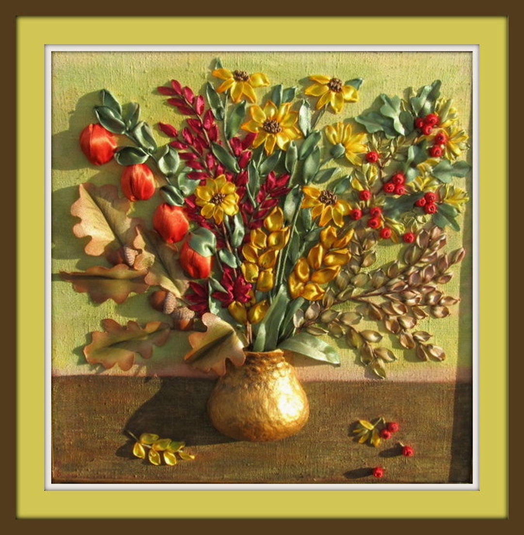Ribbon Embroidery, Wall Art, Autumn Bouquet, Fall in the Vase ...