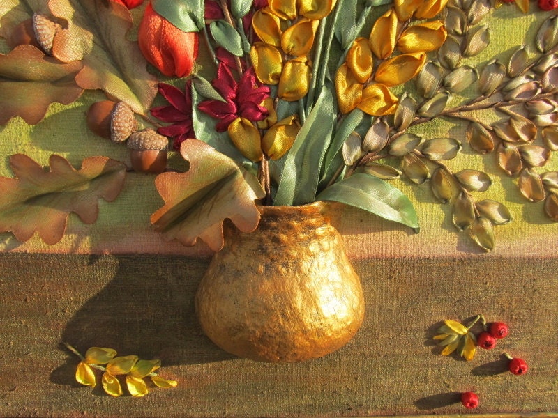 Ribbon Embroidery, Wall Art, Autumn Bouquet, Fall in the Vase ...
