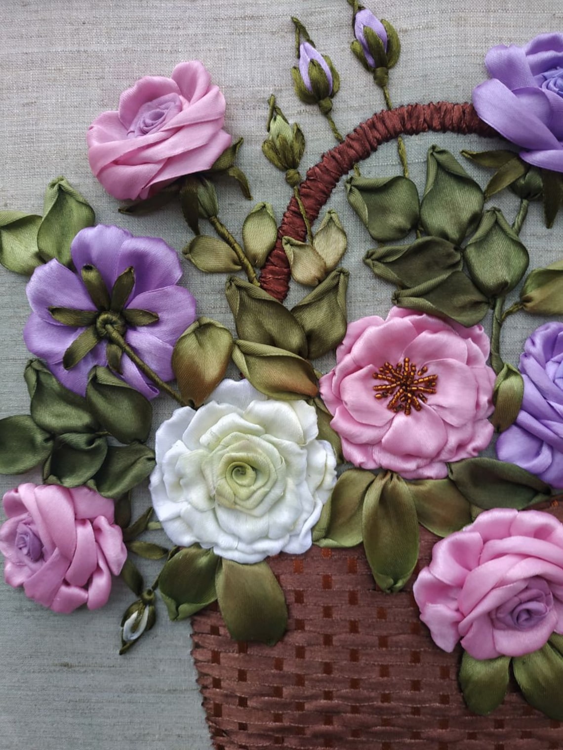 Embroidered Rose Basket, Ribbon Art, Floral Wall Decor - Etsy