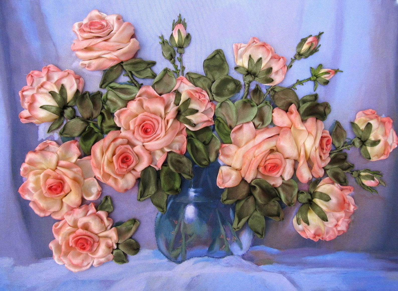 Peach Pink Embroidered Roses, Tea Roses in Vase, Ribbon Roses, Bouquet ...