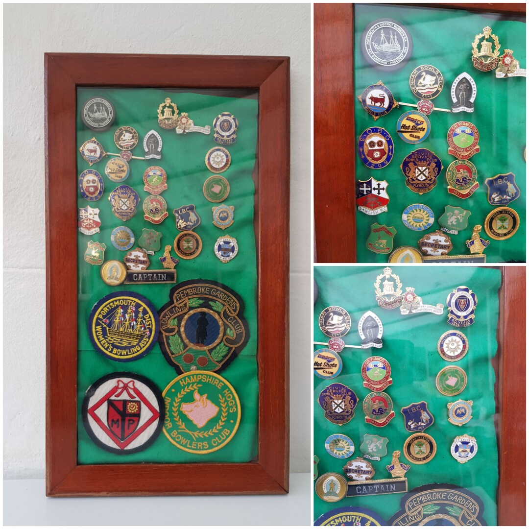 Vintage Bowling Pins Badges Patches & Wooden Glass Display Case ...