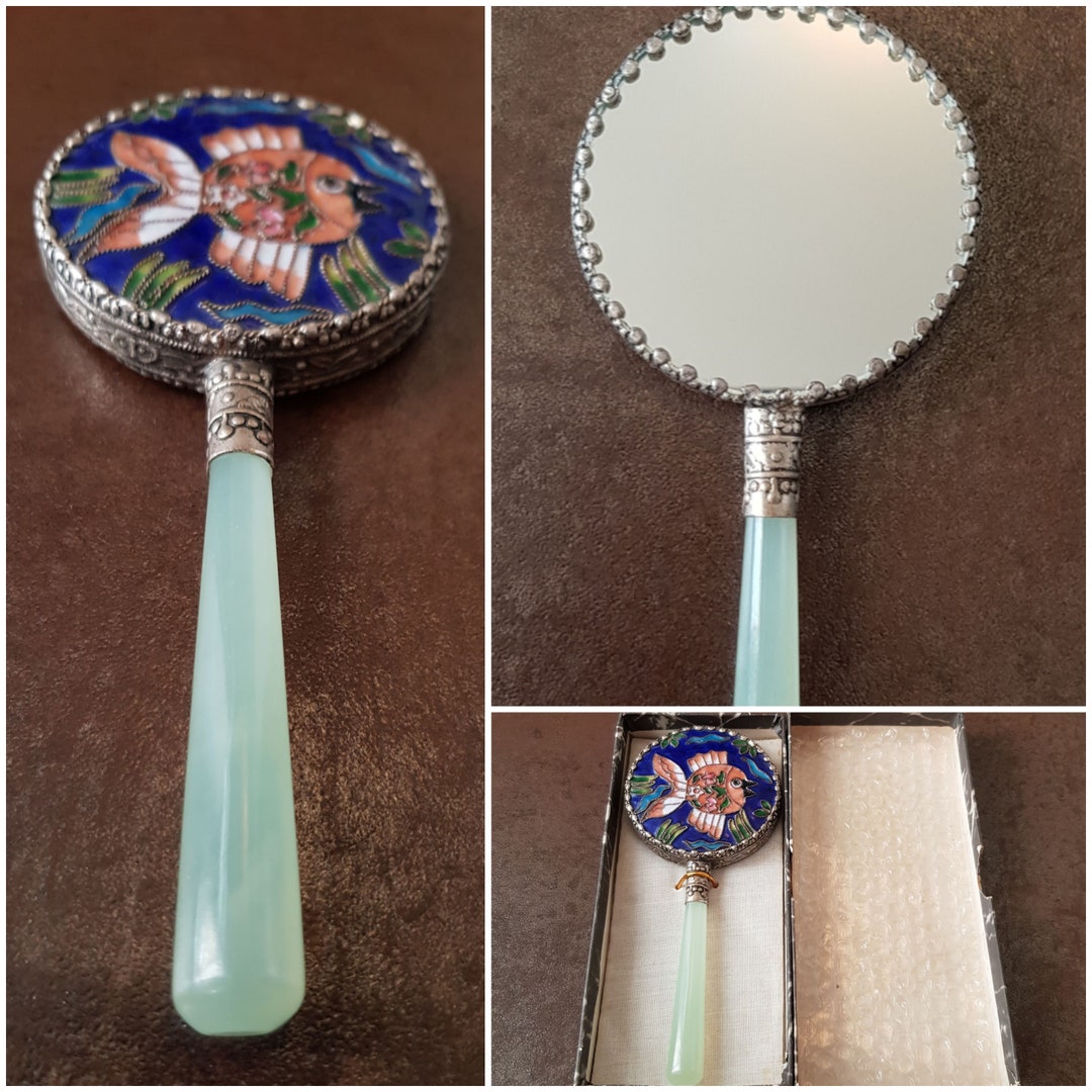 Vintage Hand Pocket Mirror Chinese Silver Cloisoinne Enameled Fish Jade ...