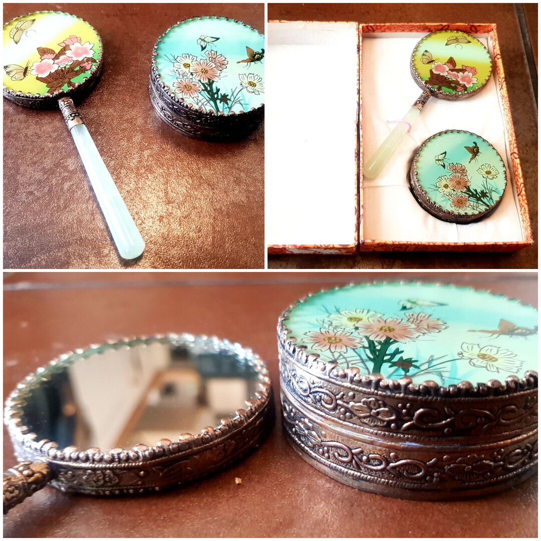 Vintage Japanese Hand Pocket Mirror & Trinket Box Jade Handle Brass ...