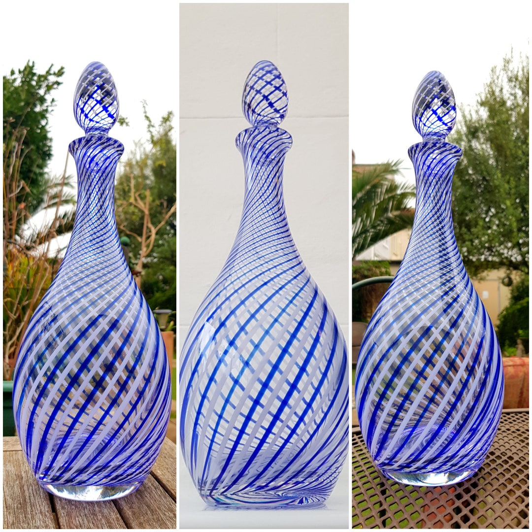 Vintage 14 Pasabahce Heavy Turkish Art Glass Decanter Blue White Swirl ...