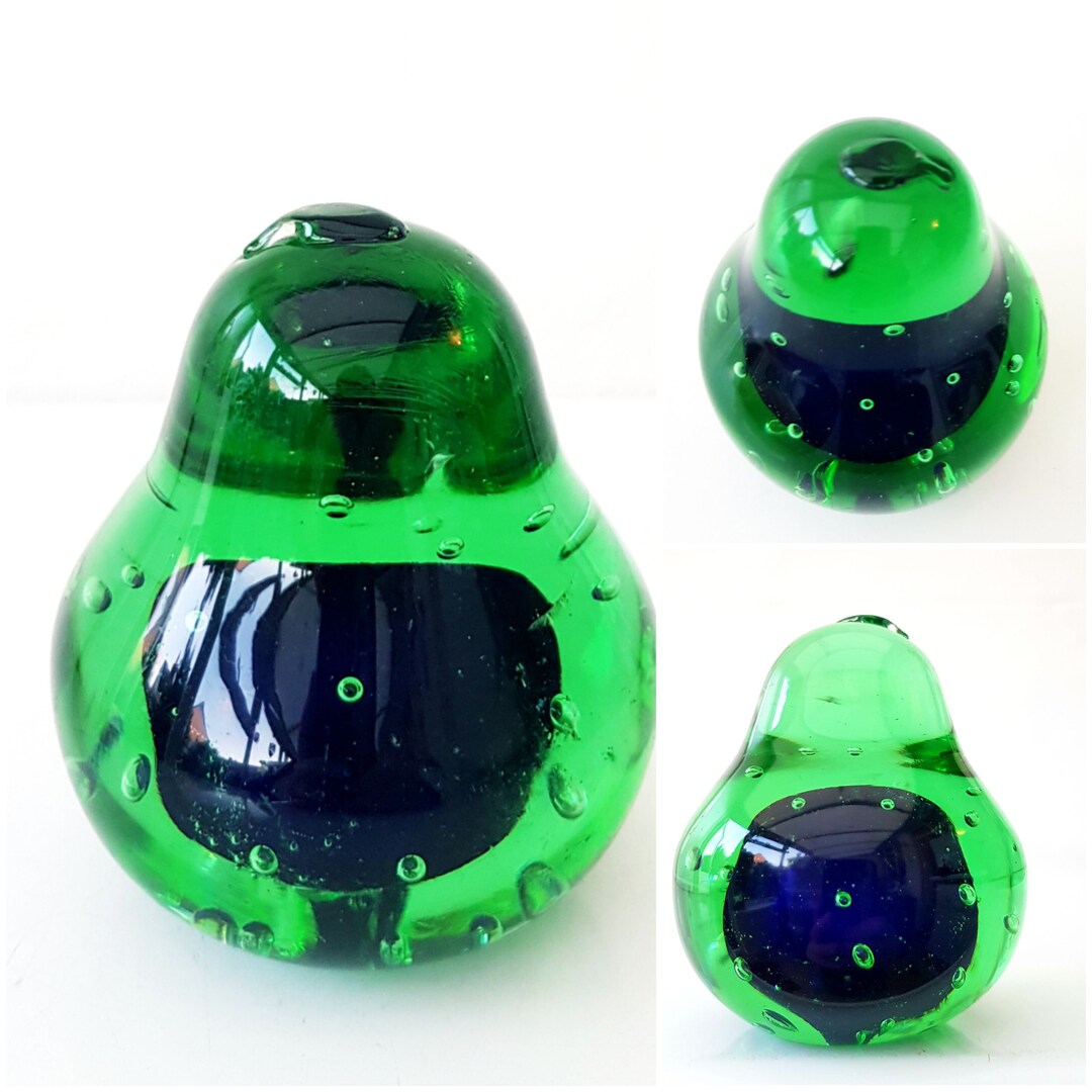 Vintage Pear Glass Paperweight Emerald Green Navy Blue Controlled ...