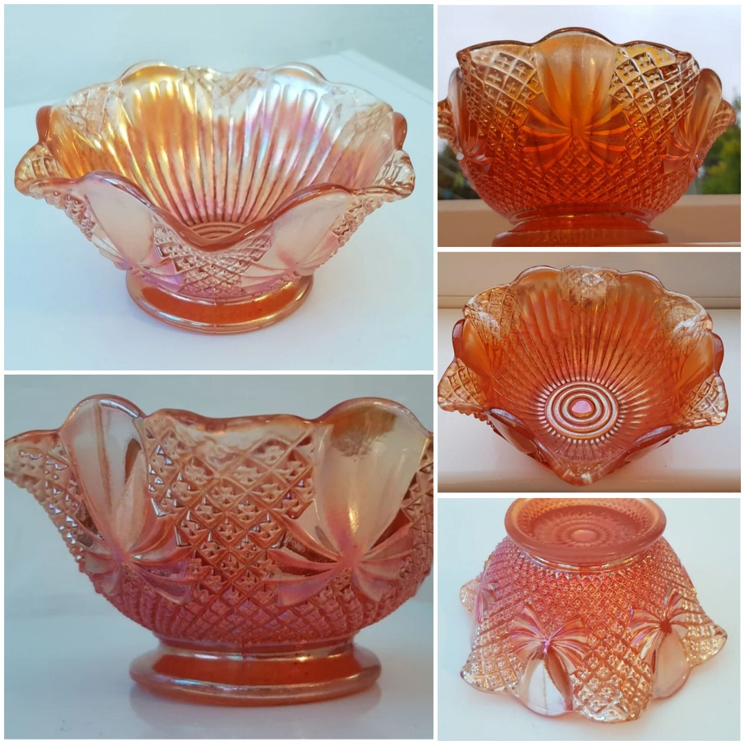 Vintage Sowerby Carnival Glass Bowl Marigold Iridescent Pineapple Bows ...