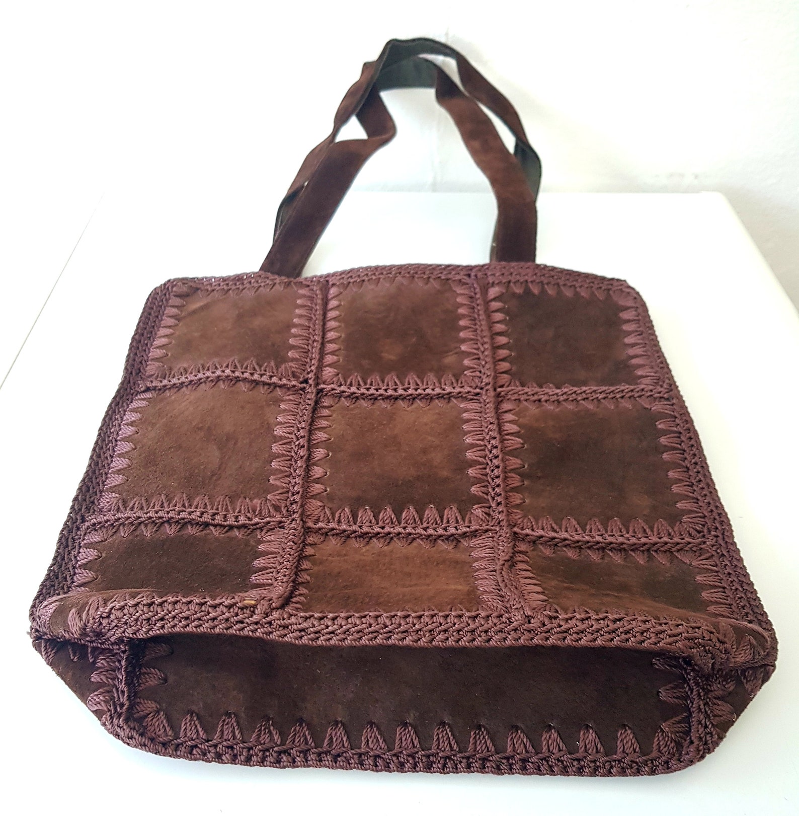 Vintage Real Suede Leather Shoulder Bag Patchwork Brown Square - Etsy
