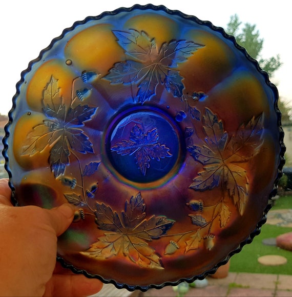 Vintage Carnival Glass Large Fruit Bowl Blue Iridescent Leaves - Etsy