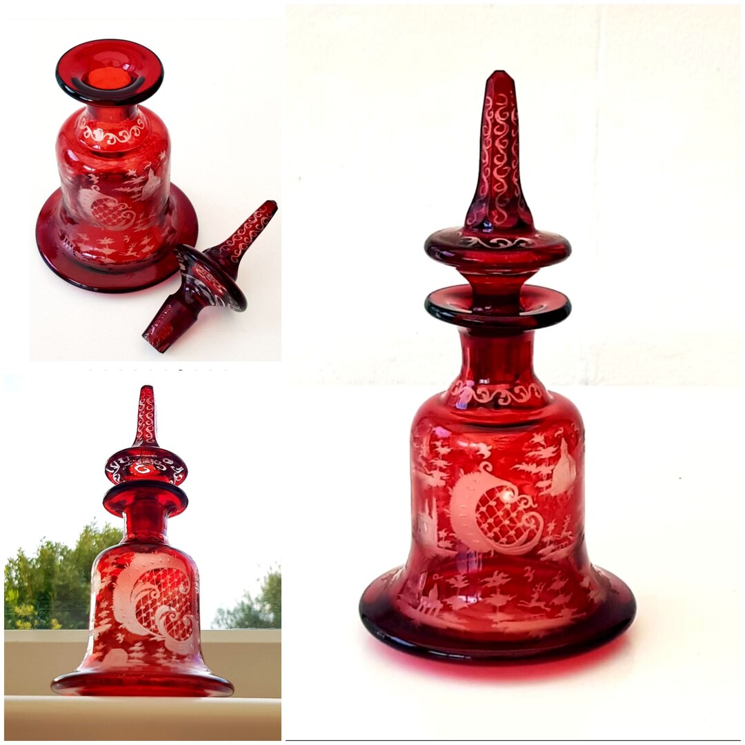 Antique RARE Bohemian Victorian Ruby Red Glass Etched Scent Bottle ...