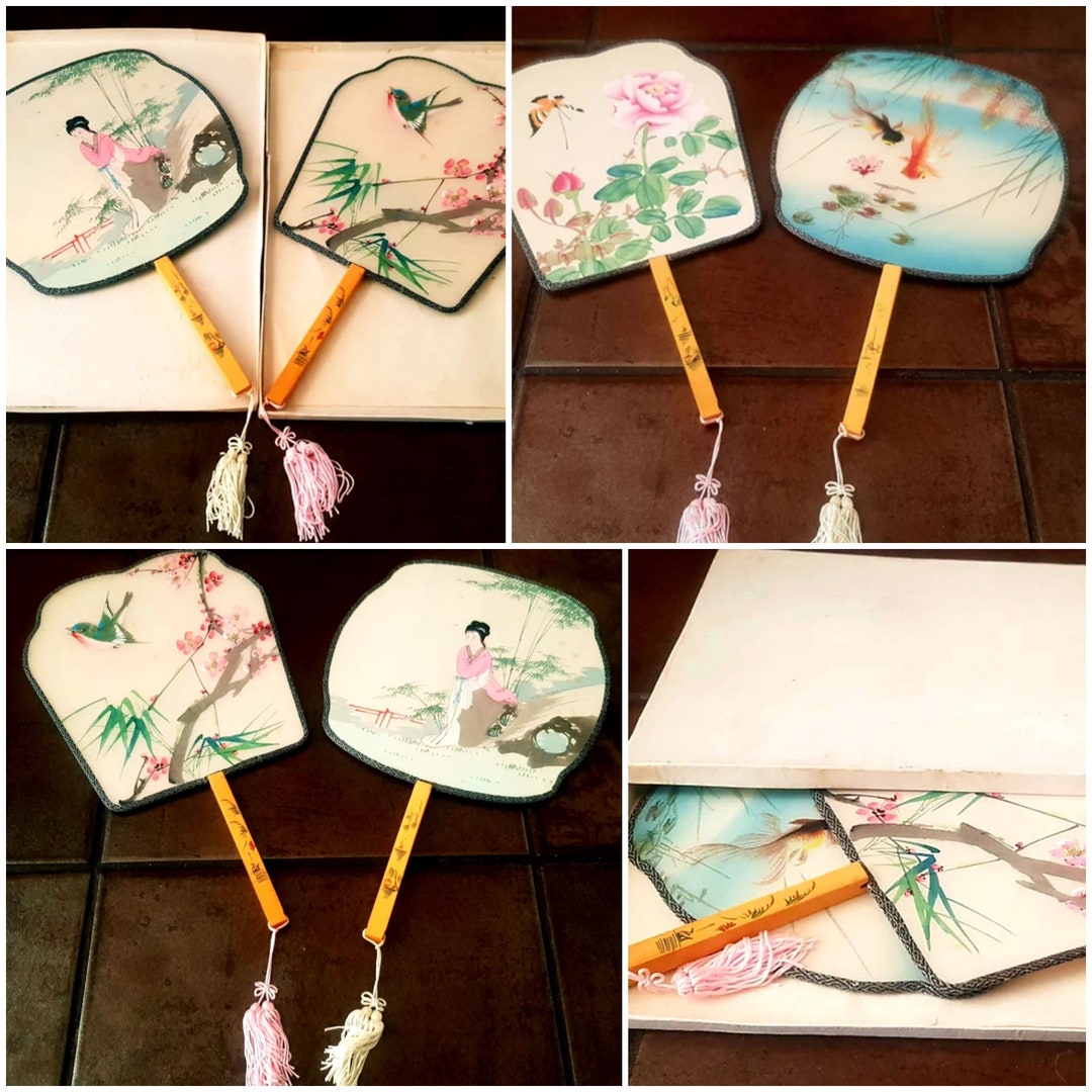 Vintage Japanese 2 X Large Paddle Fans Double Sided 4 Hand Paintings ...
