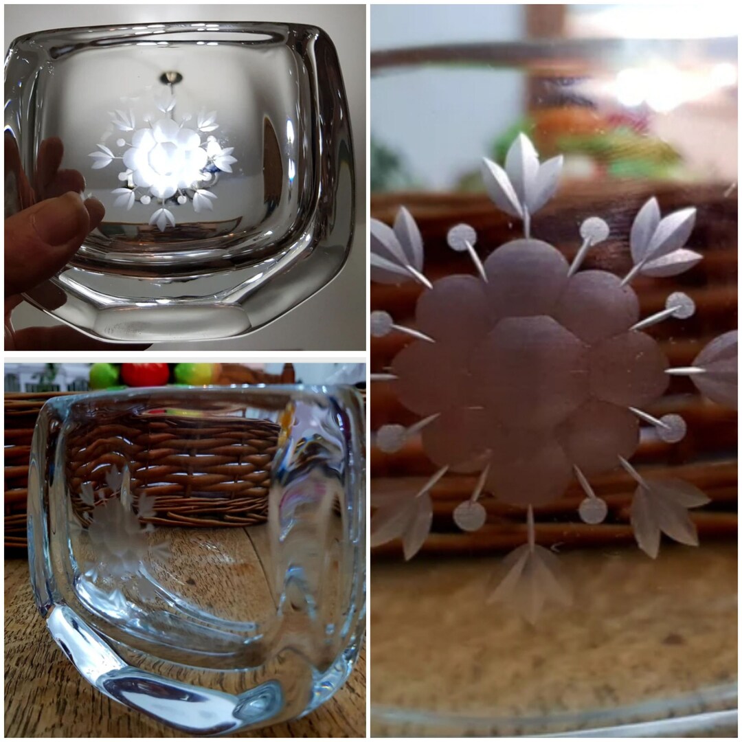 Vintage Scandinavian Heavy Led Glass Vase Clear Thin Rectangle Etched ...
