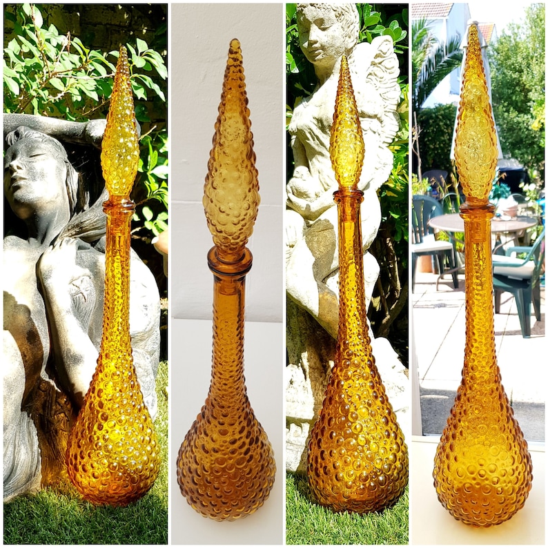 Vintage 22" Italian Empoli Genie Bottle Amber Glass Decanter Hobnail ...