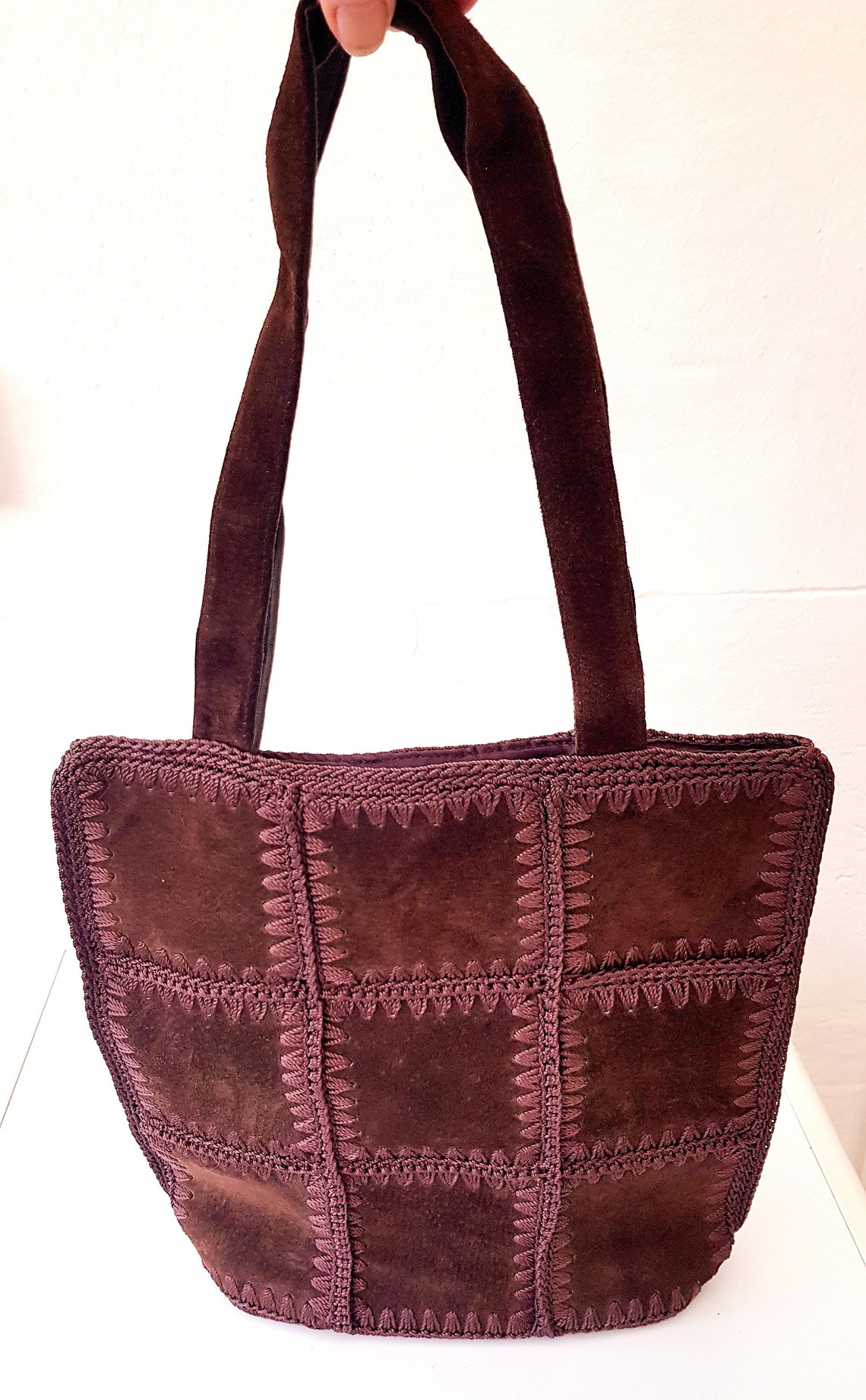 Vintage Real Suede Leather Shoulder Bag Patchwork Brown Square - Etsy