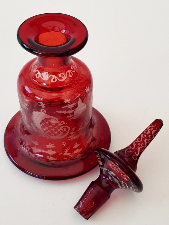 Antique RARE Bohemian Victorian Ruby Red Glass Etched… - Gem
