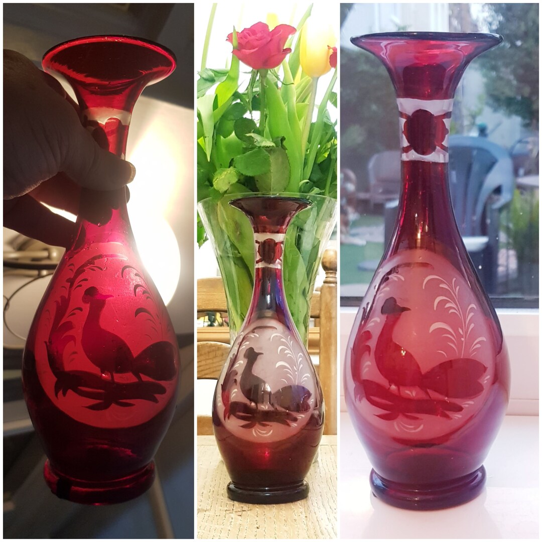 Vintage Ruby Red Flashed Glass Vase Bohemian Czeck Etched Bird - Etsy