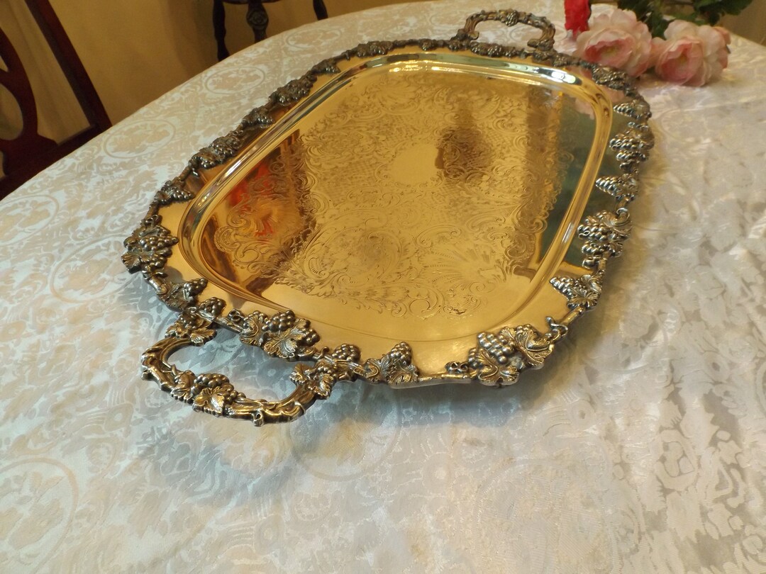 29" Delightful Silver Plated Extra Large Footed Serving Tray Handles ...