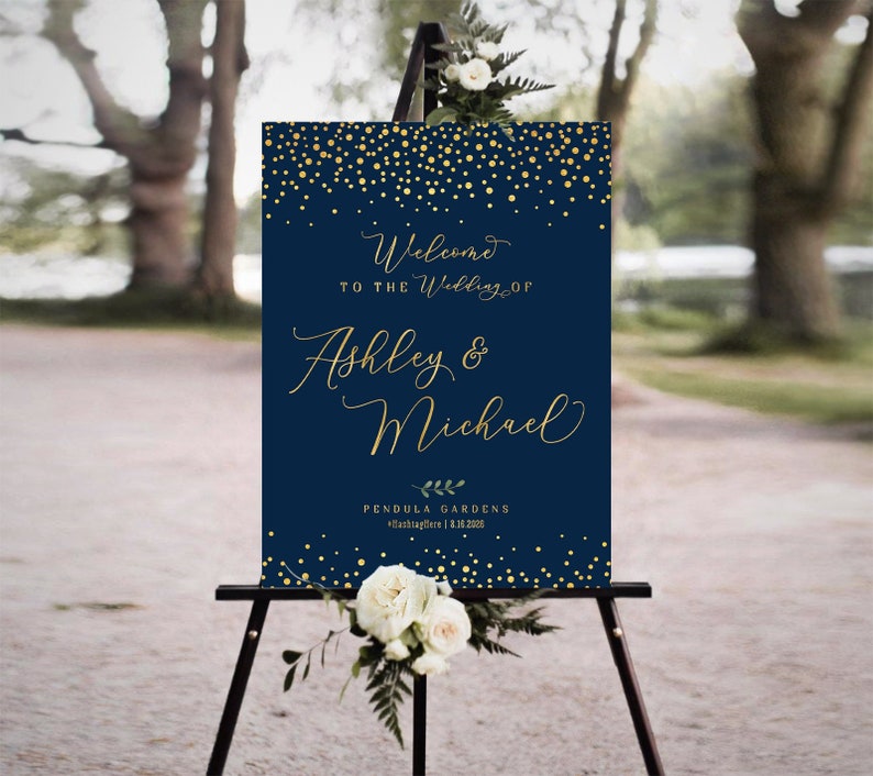 Wedding Welcome Sign Gold Confetti Wedding Sign Navy Blue - Etsy