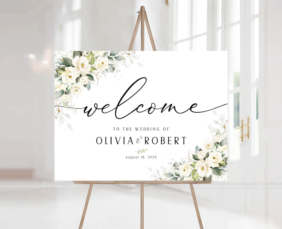 Wedding Welcome Sign, White Rose Wedding Sign, Welcome Wedding Sign ...