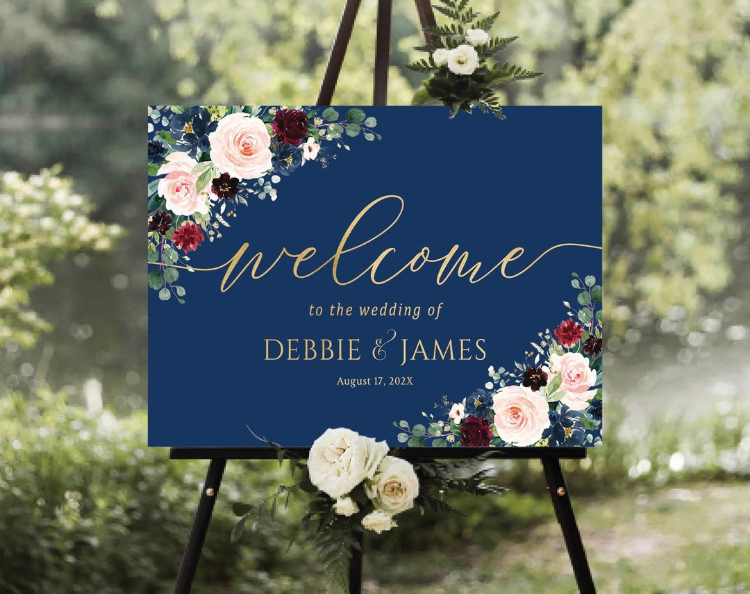 Wedding Welcome Sign, Navy Wedding Sign, Navy Gold Wedding Sign ...