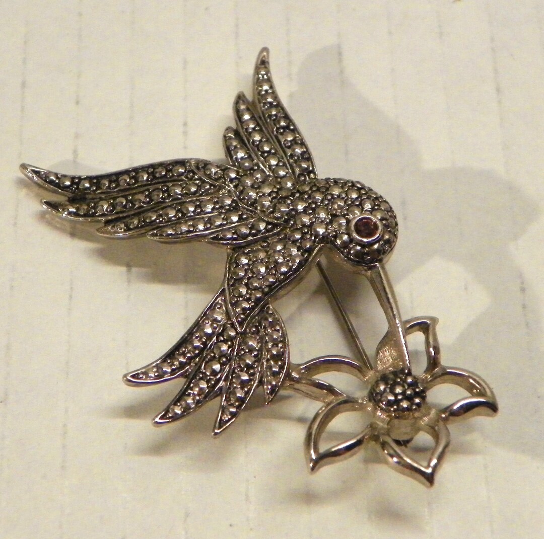 Vintage Signed Avon Marcasite Hummingbird With Flower Brooch Pin With ...
