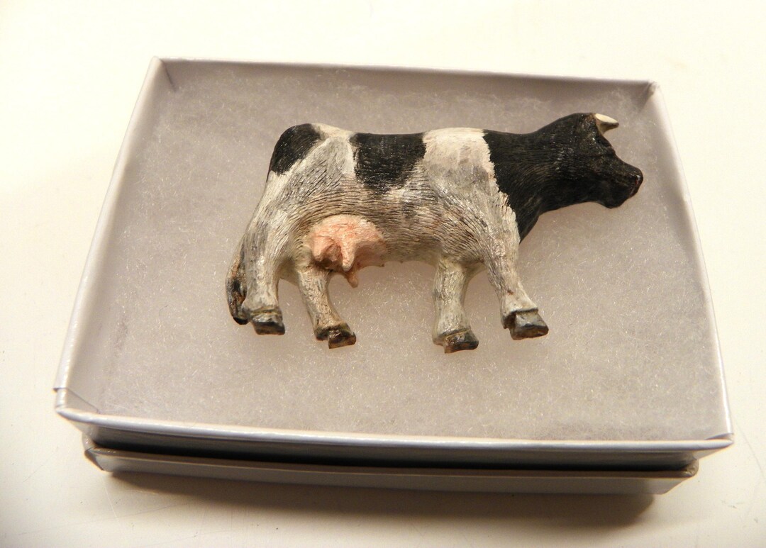 Vintage Hand Carved Wood Pin - Cow , Handpainted Wooden Cow Lapel Pin ...