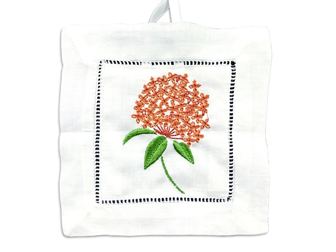 Embroidered Floral Hydrangea Sachet White Linen With Ribbon for Hanging Approx 6 X 6 Inch A ...
