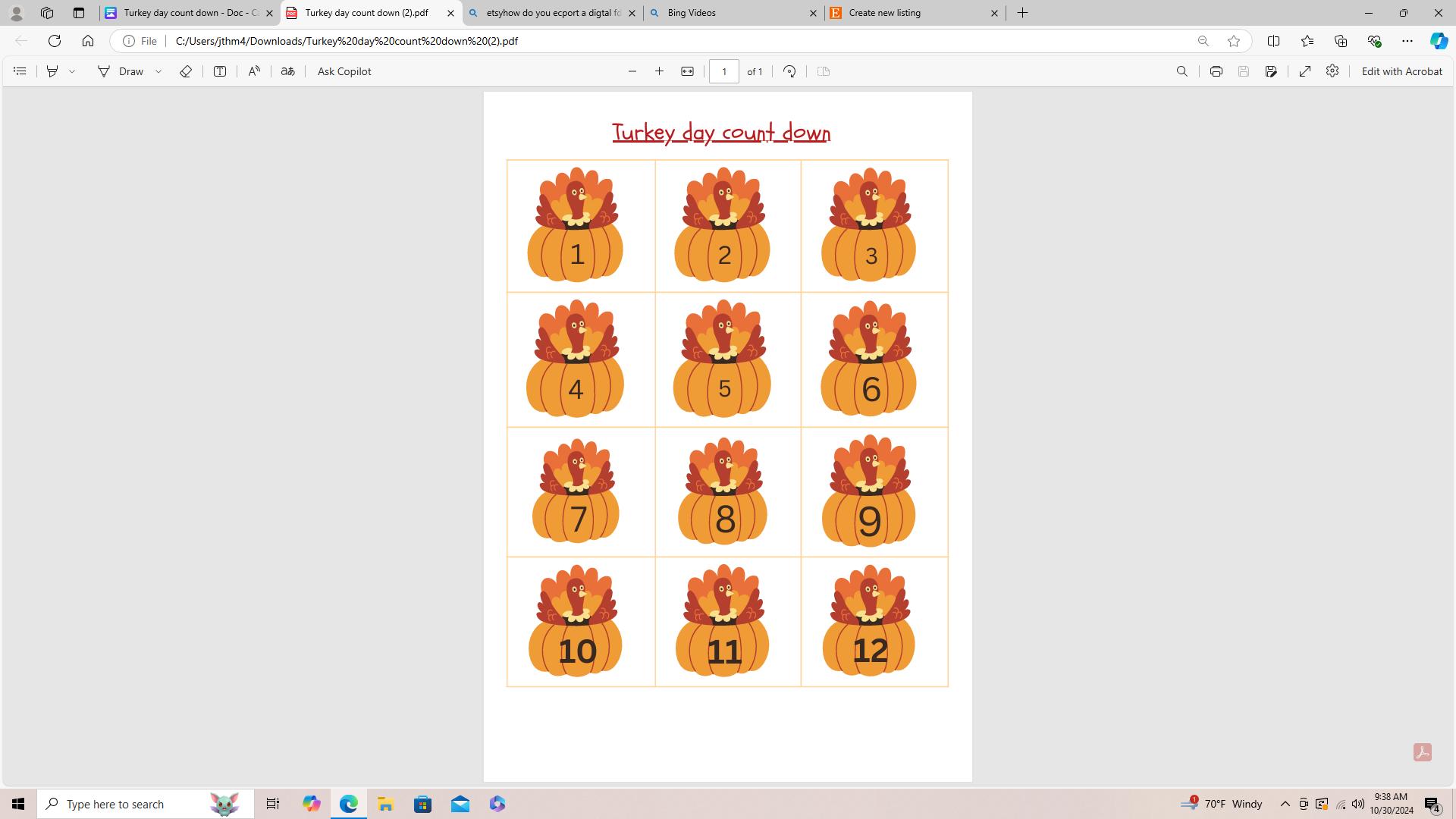 12 Day Turkey Day Printable Countdown! - Etsy