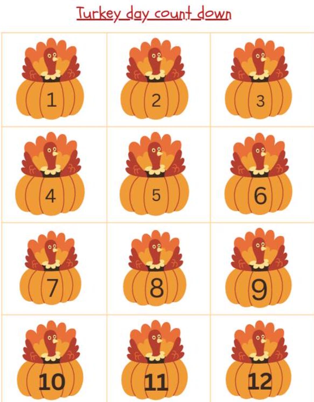 12 Day Turkey Day Printable Countdown! - Etsy