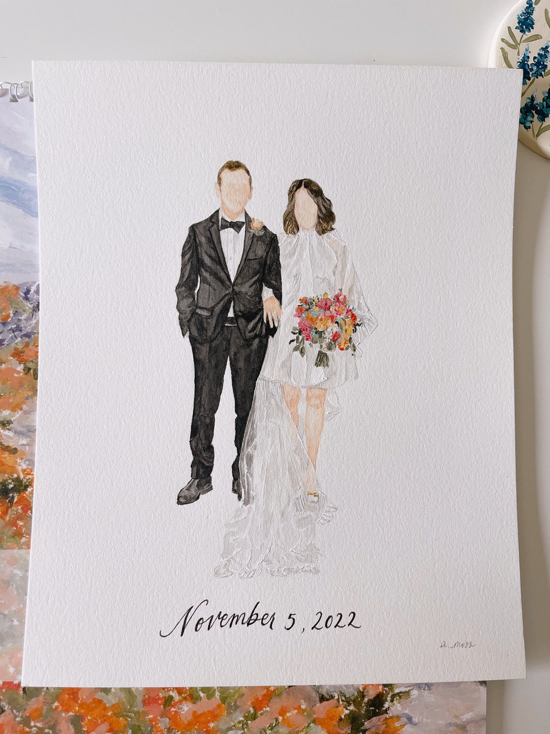 Custom Faceless Watercolor Wedding Portrait Bride and Groom ...