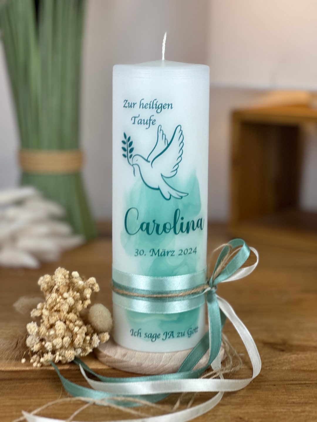 Baptism Candle, Communion Candle With Baptism Symbol DOVE With Satin ...