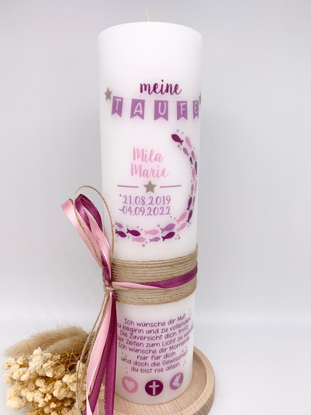 Christening Candle Fish Swarm Berry Tones in Vintage White in - Etsy