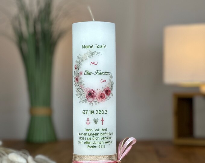 Weiße Taufkerze Kerze zur Taufe oder Geburt Blumenkranz Rosen mit Name Datum Taufspruch - Etsy.de