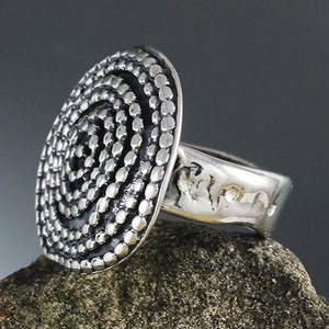 Large Sterling Silver Disk Ring - Beaded Spiral Jewelry - Large ...