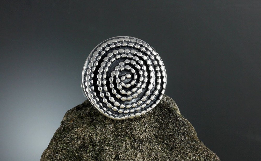 Large Sterling Silver Disk Ring - Beaded Spiral Jewelry - Large ...